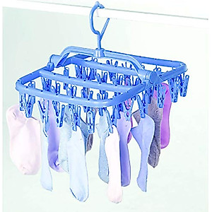 HAPY SHOP Foldable Laundry Hanger Drying Rack,Plastic Laundry Clip with 32 Clips,Clip Hanger Drip Drying Hanger Underwear Hanger with Clips for Socks, Bras, Lingerie, Clothes,Towel,Scarf,Blue