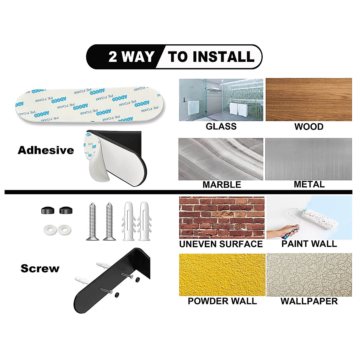 Adoco Paper Towel Holder Under Cabinet, Simply Tear Paper Towel Holder Countertop, Black Wall Mount Paper Towel Holder, Adhesive or Screw for Kitchen Bathroom