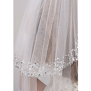 Malishow 2 Tiers Beaded Wedding Veil Sequin Pearl Edge Bling Bridal Veils New white