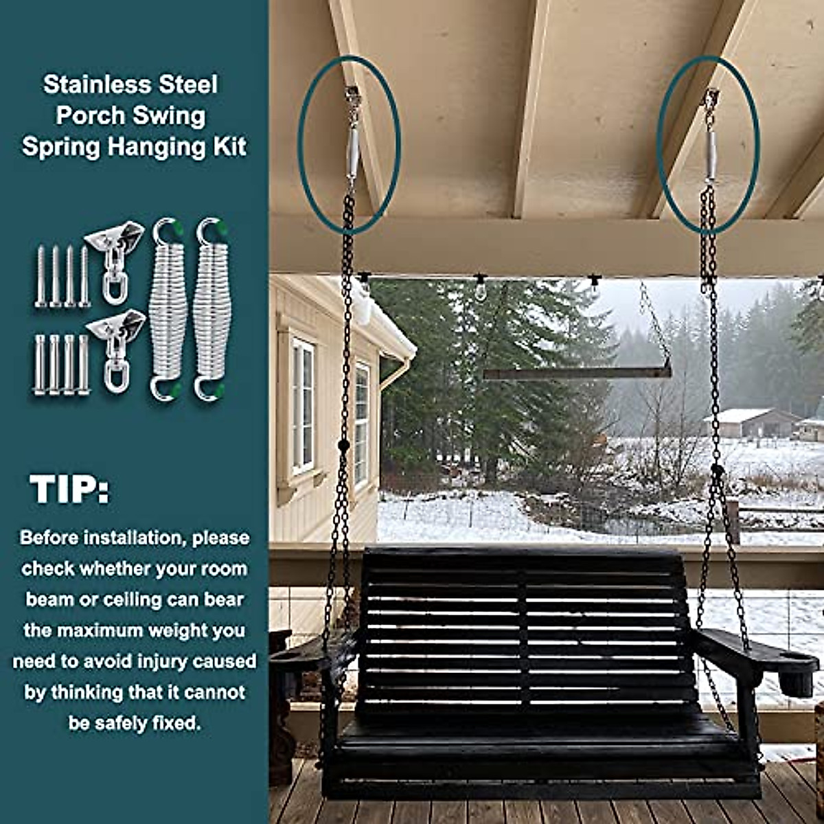 Porch Swing Hanging Spring Kit, Load 1600 lbs, 360 Rotating, Stainless Steel Heavy Duty Hanger Spring for Porch Swing, Hammocks, Swing Chair, Sandbags, Yoga, etc. [2 Sets]