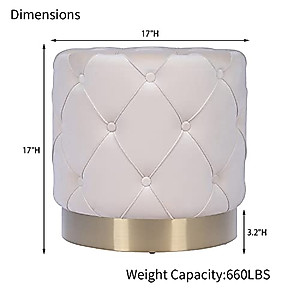 Modern Velvet Round Tufted Ottoman Button Stool with Gold Metal Base – Upholstered Footrest for Bedroom Living Room (Beige4, Large)