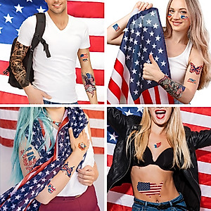 Aresvns Independence Day Temporary Tattoo 32 Sheets,USA Flag Sleeve Tattoo,Red White and Blue Party Supplies, 4th of July, Memorial Day, Labor Day Decorations Patriotic Tattoos