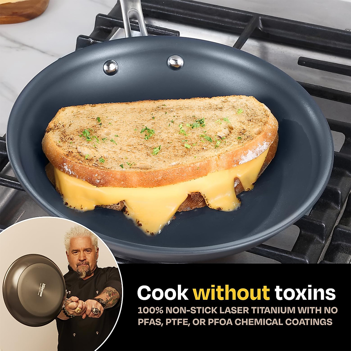 Guy Fieri's Flavortown Laser Titanium 12” Fry Pan with Lid - Non-stick Cookware Without PFAS, PTFE, or PFOA, 3x More Durable, Dishwasher Safe, Oven Safe