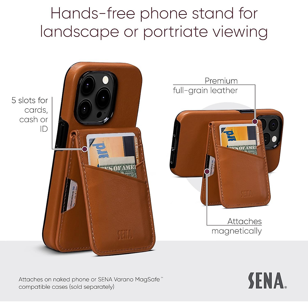 Sena Wallet Phone Stand, Card Holder Attachment for Apple iPhone 12/13/14/15 Pro/Max/Max Pro, iPhone Leather Wallet with MagSafe (Tan)