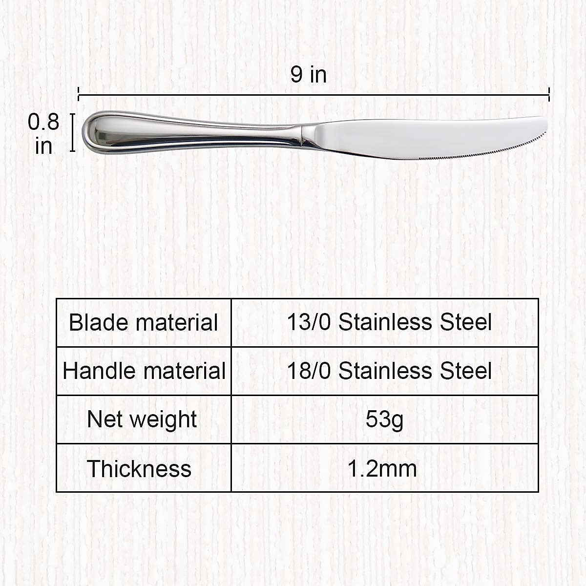 faderic 6-Piece Dinner Knives Set with Hollow Handle Table Knife Flatware Stainless Steel Mirror Polishing 9-Inch Silver Round