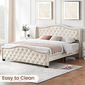 IDEALHOUSE King Size Upholstered Platform Bed Frame with Tall Headboard 47.2", King Bed with Velvet Button Tufted & Nailhead Trim Wingback Headboard, Luxurious Arched Footboard, Beige