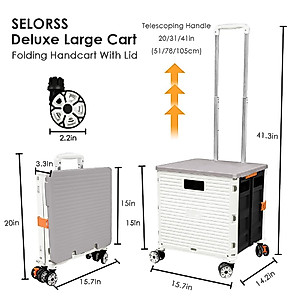 SELORSS Foldable Utility Cart Portable Collapsible Crate Rolling Carts with Wheels Rolling Tote Basket Teacher Cart with Lid Wear-Resistant 360°Rotate Wheel Noiseless for Shopping Storage Office Use