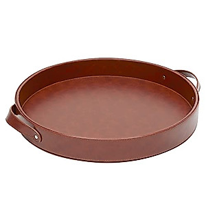 Juvale Faux Leather Round Serving Tray with Handles for Coffee Table and Ottoman (Brown, 14.5 x 2 In)