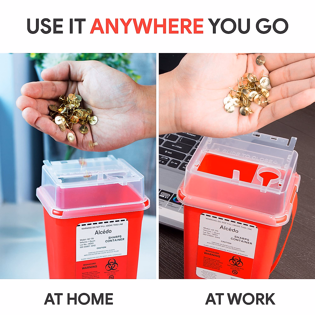 Sharps Container for Home Use and Professional 1 Quart (3-Pack) by Alcedo | Biohazard Needle and Syringe Disposal | Small Portable Container for Travel