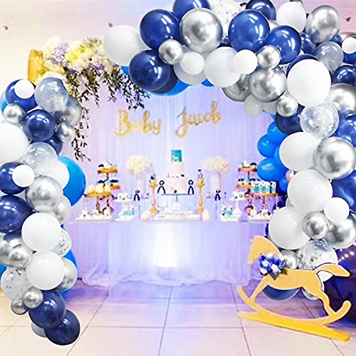 Navy Blue Silver Balloon Arch Garland Kit, 124 Pack Navy Silver White Confetti Balloons with Balloon Accessories and LED String Light for Graduation Baby Shower Wedding Birthday Party Supplies