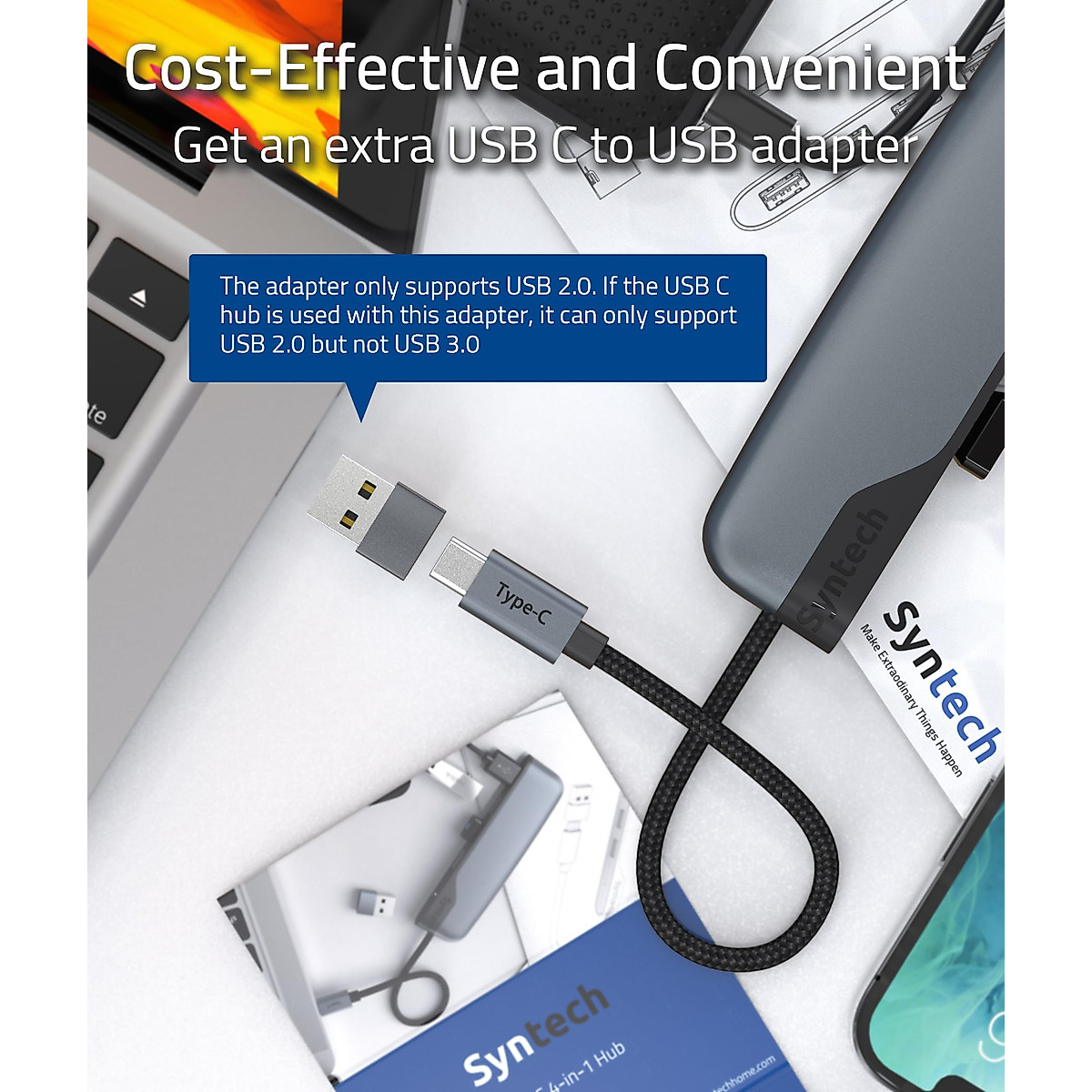 USB C to USB Hub 4 Ports, Syntech Type C to USB 3.0 Hub with a USB C to USB Adapter (USB 2.0), Thunderbolt 3 to USB Hub, iPad Pro, iMac