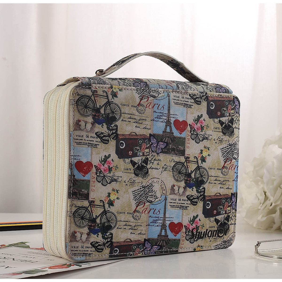 Shulaner 120 Slots Colored Pencil Case with Zipper Closure Large Capacity Butterflies and Bicycles Pattern Pencils Bag 840D Nylon Waterproof Fabric Pen Organizer Storage Holder for Artist