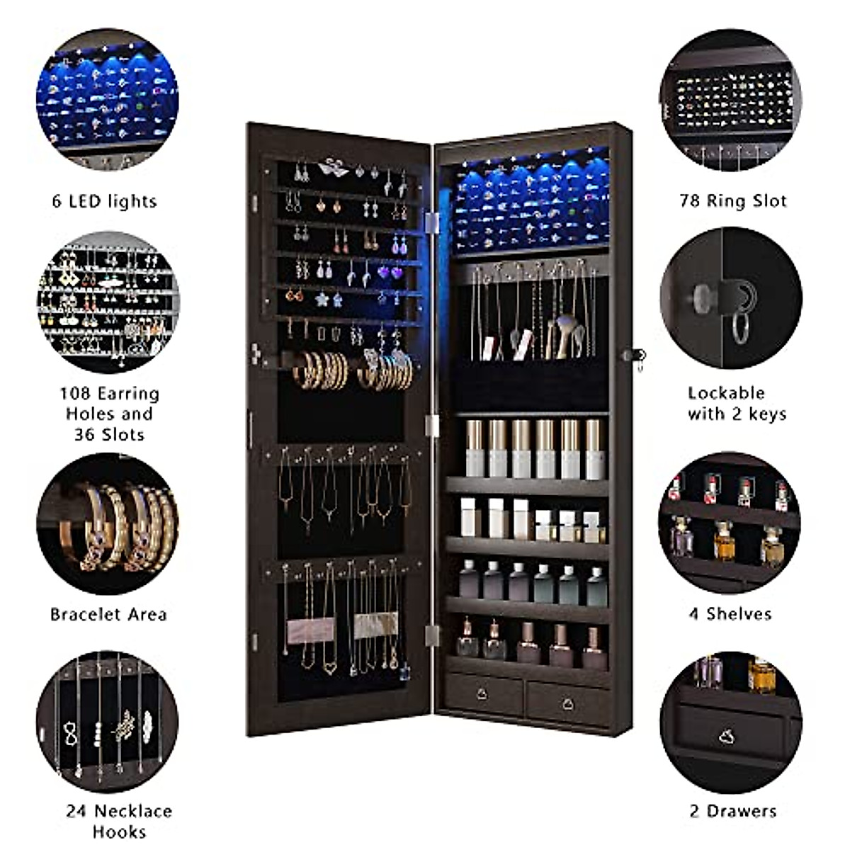 HNEBC Jewelry Organizer with 6 LED Lights, Jewelry Armoire with Mirror, Full Length Mirror Jewelry Cabinet with Jewelry Storage, Wall Mounted/Door Mounted (brown)