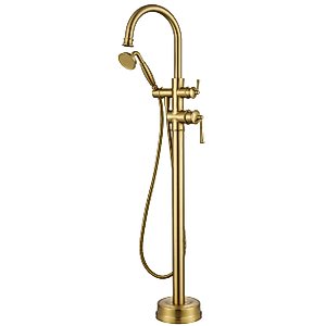 Hangoro Freestanding tub filler, Brush Gold Floor Mount Bathtub Faucet With Brass Handheld Shower, 360° Swivel Spout With 59'' Water Hose, Vintage 2-1 Function Tub Faucet for Bathroom(B2311-BG)