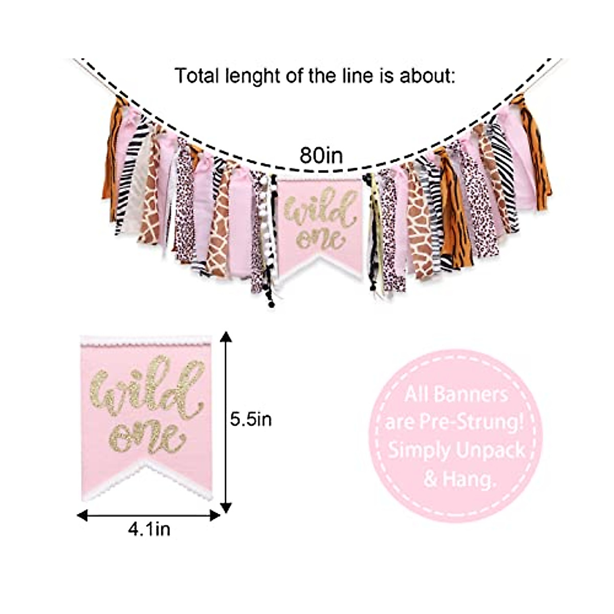 Girls Wild One High Chair Banner - Pink Jungle Birthday Banner - Girls Animal Print 1st Birthday Banner - Shes A Wild One Birthday Decorations Girl - Best Wild One Birthday Party Supplies