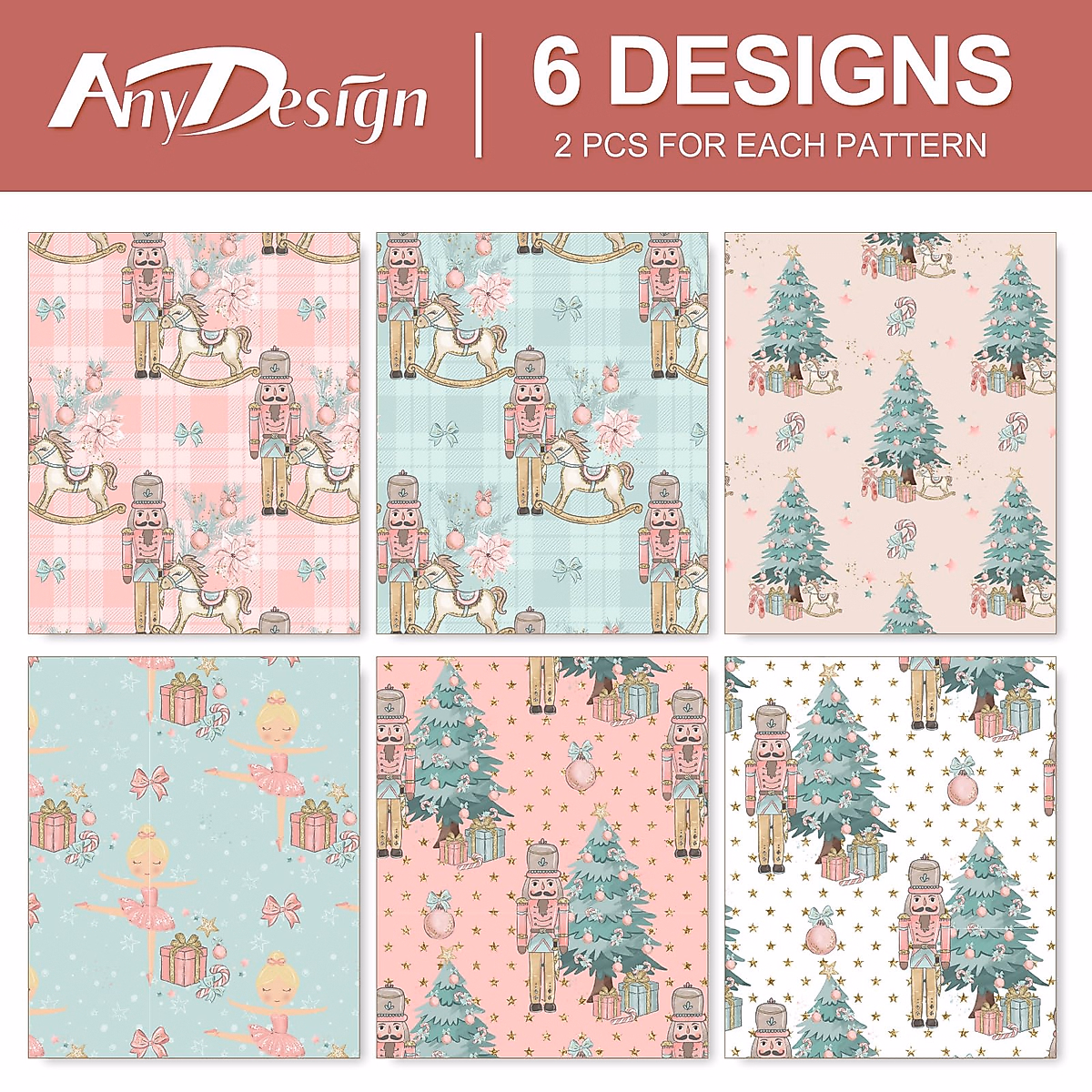 AnyDesign 12 Sheet Christmas Wrapping Paper Pink Nutcracker Gift Wrap Paper Folded Flat DIY Art Craft Paper for Birthday Party Baby Shower Packaging, 19.7 x 27.6 Inch