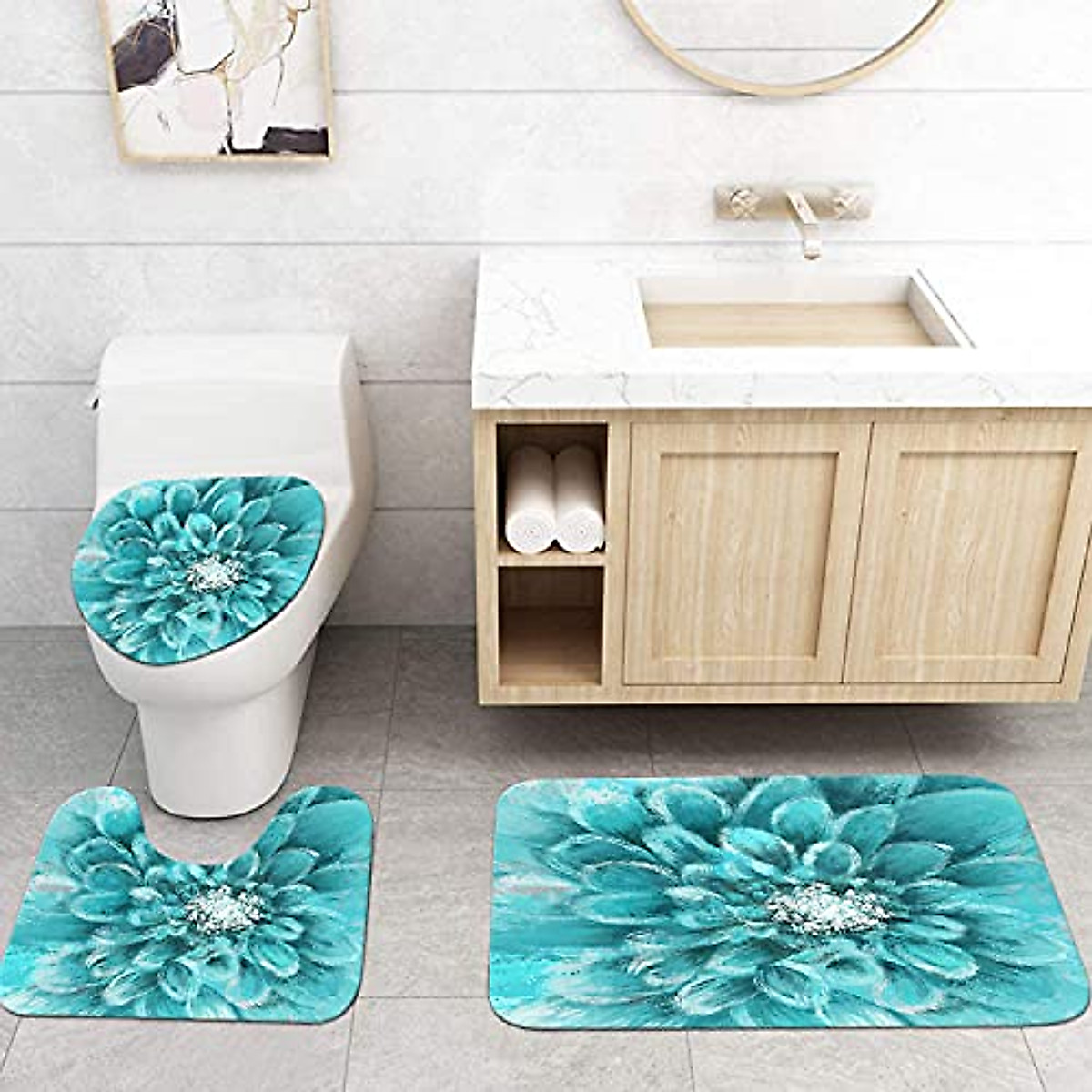 DuoBaorom 4 Pieces Set Dahlia Flower Shower Curtain Set Teal Bath Floral Picture Art on Non-Slip Rugs Toilet Lid Cover Bath Mat and Bathroom Curtain with 12 Hooks 72x72inch