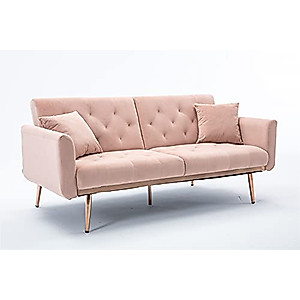 Woanke Mid Century Modern Velvet Fabric Home Living Room Bedroom, Convertible Futon Bed, Accent Sofa Recliner, Golden Metal Legs, 2 Couch Pillows, Pink