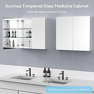 Sunrosa Medicine Cabinet with Mirror, 30" W×31.5" H Bathroom Tempered Glass Mirror Medicine Cabinet, Wall-mountable and Recessed-in Medicine Cabinet for Bathroom, 2 Symmetrical Doors Medicine Cabinet