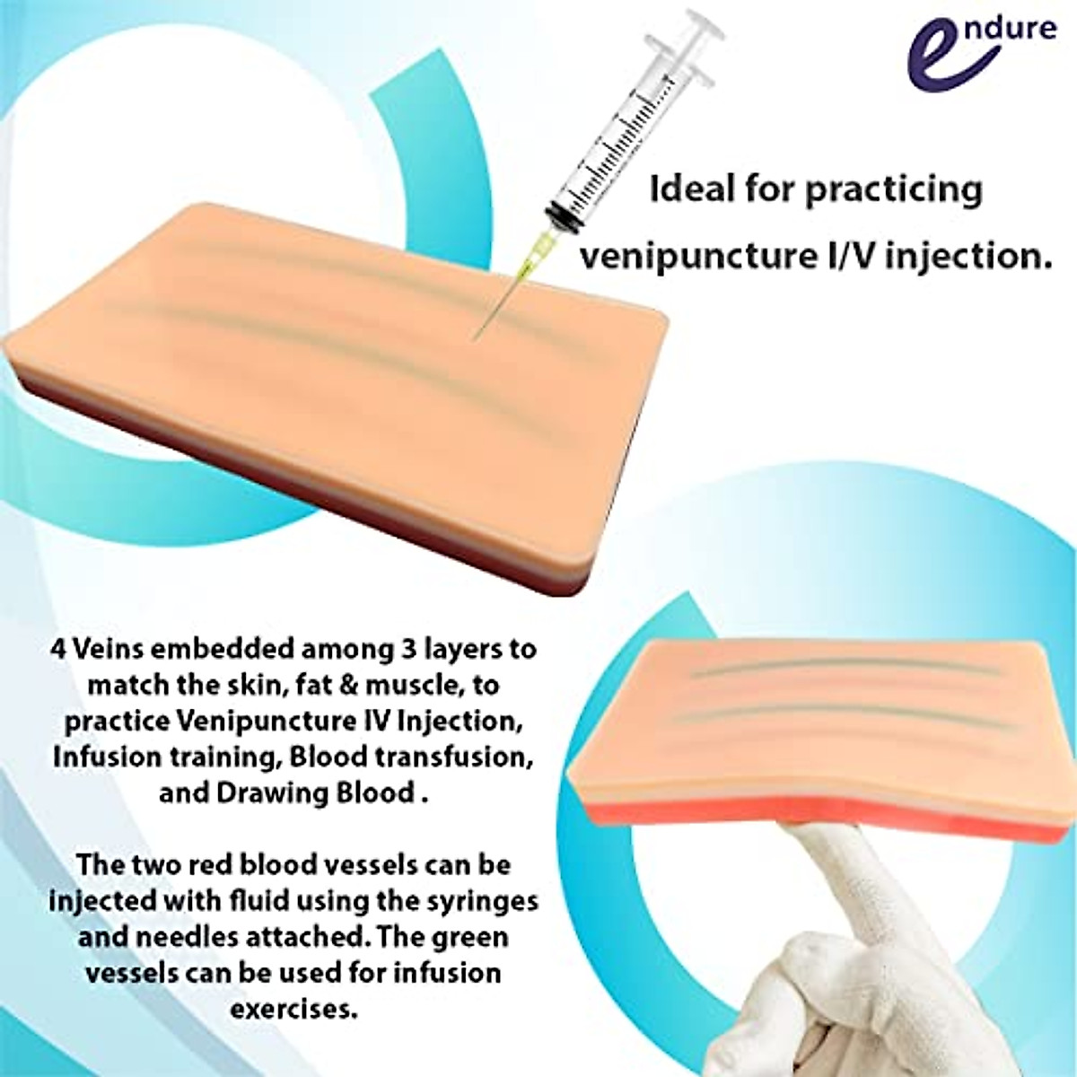 Endure Suture, I/V & Injection Training KIT, 50 Items, Durable Silicone Skin Suturing Pad with Tool Kit - Ideal for Any Medical Student, Veterinarian Students & Nurses. (for Education Only)