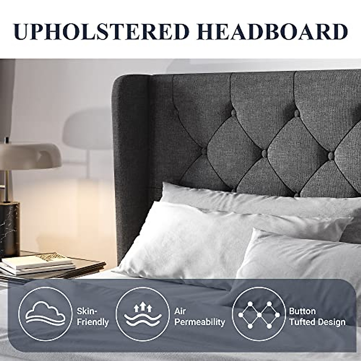 Allewie Full Size Bed Frame with Button Tufted Wingback Headboard, Modern Fabric Upholstered Platform Bed Frame with Strong Wood Slat Support, No Box Spring Needed, Easy Assembly, Dark Grey