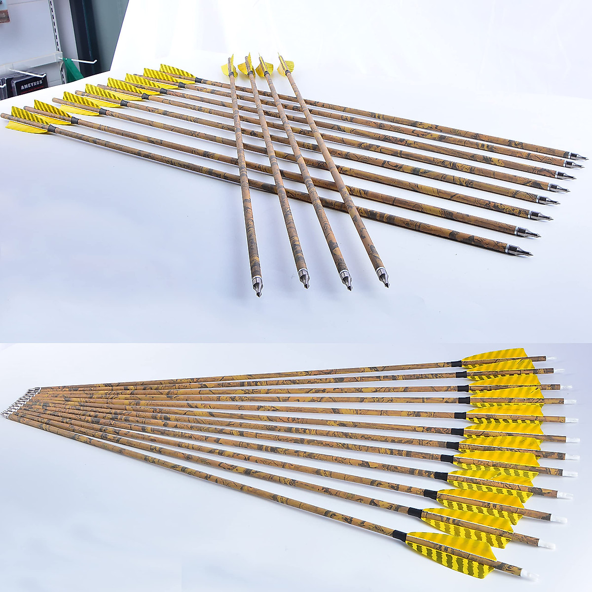 AMEYXGS Camo Carbon Arrow 30 Inch Practice Hunting Arrow Spine 500 with 4 Inch Turkey Feathers for Traditional Recurve Compound Bows (6)