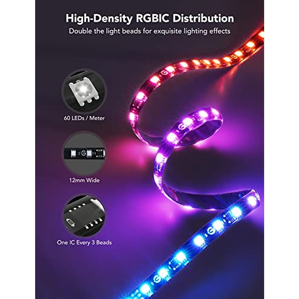 Govee Envisual TV LED Backlight T2 with Dual Cameras, 11.8ft RGBIC Wi-Fi LED Strip Lights for 55-65 inch TVs, Double Strip Light Beads, Adapts to Ultra-Thin TVs, Smart App Control, Music Sync, H605C