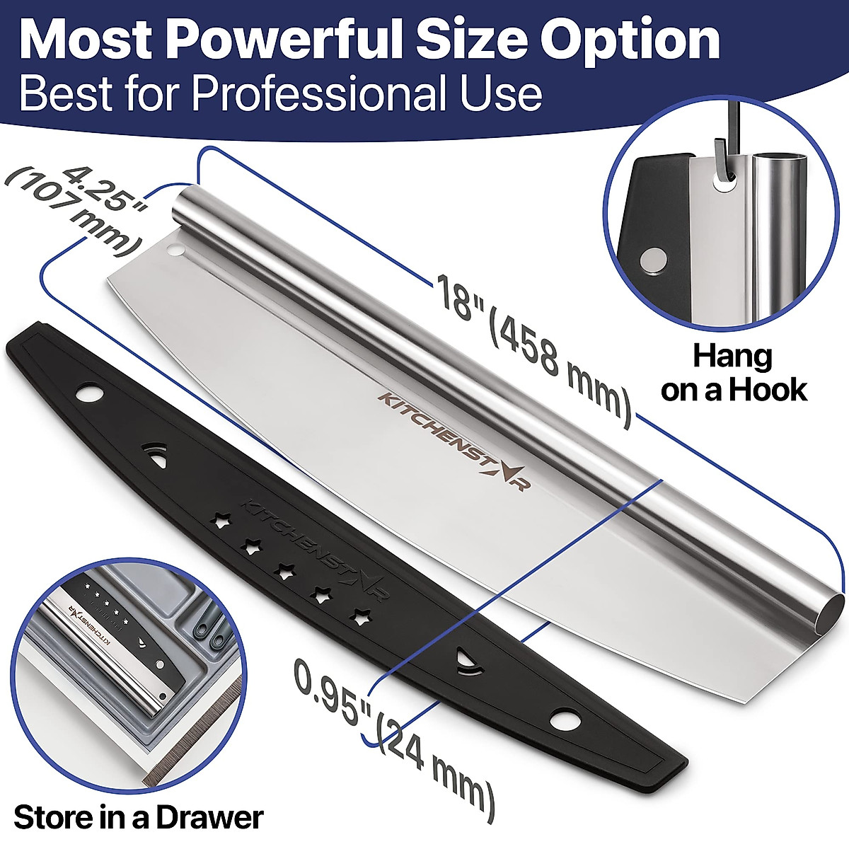 18" Pizza Cutter Rocker Blade by KitchenStar - Sharp Stainless Steel Slicer Knife w Protective Cover, Dishwasher Safe Pizza Oven Accessories, Silver