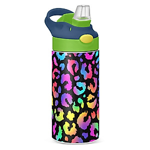 ALAZA Rainbow Leopard Print Cheetah Colorful Kids Water Bottles with Lids Straw Insulated Stainless Steel Water Bottles Double Walled Leakproof Tumbler Travel Cup for Girls Boys Toddlers 12 oz / 350 m