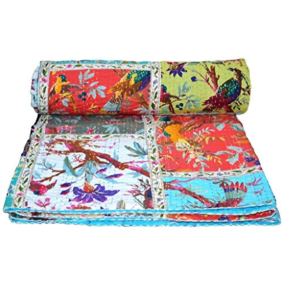 V Vedant Designs Bird Print Patchwork Cotton Kantha Quilt Throw Blanket Bedspread Gudari (Twin Size)