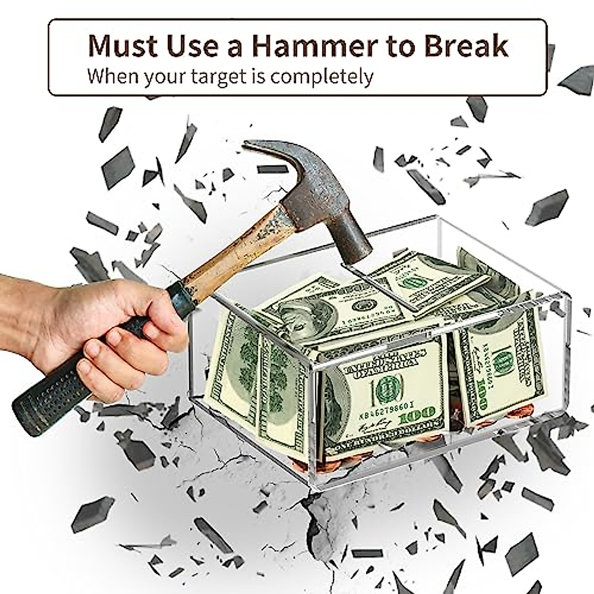 NIUBEE Piggy Bank for Adults, Acrylic Piggy Banks for Boys Girls Saving Real Money Cash Coin Jar, Must Break to Open Savings Box, Unbreakable Clear Money Saver(7x5x3 inch)