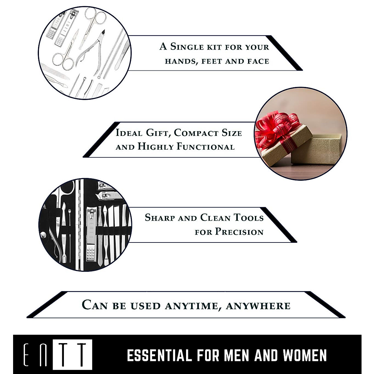 ENTT Manicure Pedicure Grooming Set Kit Gift for Men/Women – 18 Piece Steel Finish Tools - Premium Quality Sharp Professional Nail Clippers – For Home, Travel – All Purpose – Black Case