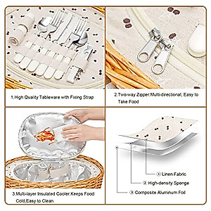 STBoo Wicker Picnic Basket for 2 with Large Insulated Cooler Compartment and Folding Table, Cutlery Service Kits, Willow Hamper Set with Woven Handles for Camping, Outdoor, Christmas, Party(Beige)