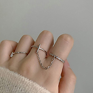 Double Open Cross Faith Rings for Women Silver Plated CZ Geometric Chain Unique knuckle Stacking Finger Adjustable Statement Engagement Ring Gifts for Her Bff Xmas