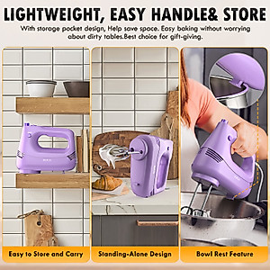 Electric Hand Mixer with Stainless Steel Whisk, Dough Hook Attachment and Storage Bag, Handheld Mixer for Baking Cakes, Eggs, Cream Food Mixers. Turbo Boost /5 Speed Kitchen Blender PURPLE
