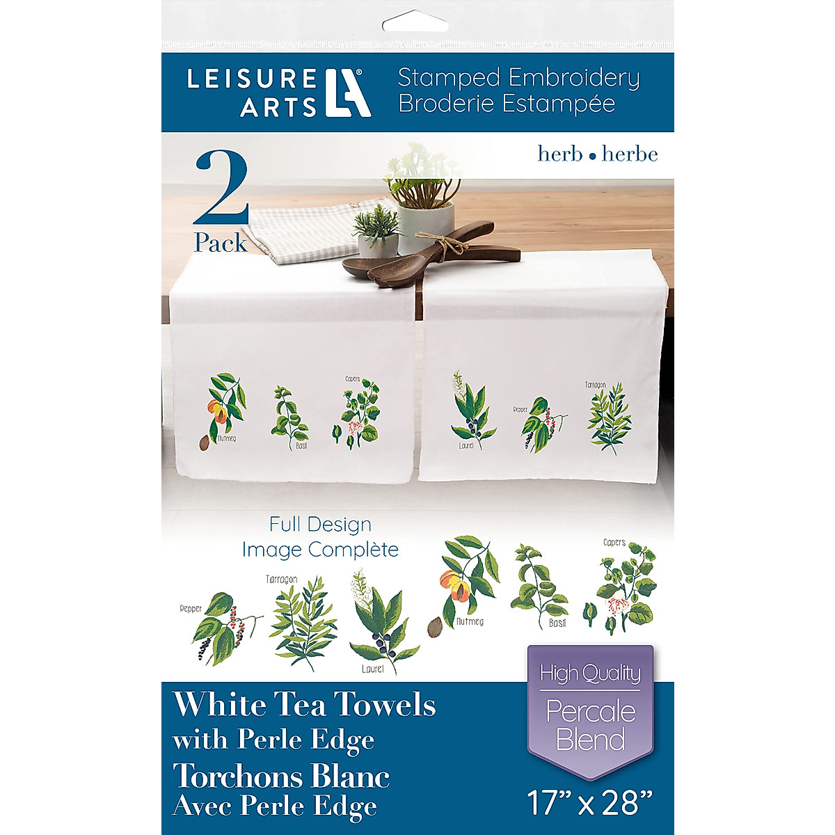 LEISURE ARTS Tea Towel 17"x28" Herb 2pc, Towel Set, Embroidery kit, Bathroom Hand Towels, Kitchen Towel, Cross Stitch Kits, Stamped Cross Stitch Kits