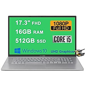 ASUS (Renewed) VivoBook 17 Business Laptop 17.3" FHD Anti-Glare LED Display Intel Quad-Core i5-1035G1 Processor 16GB RAM 512GB SSD Intel UHD Graphics Backlit Keyboard USB-C Win10 Silver + HDMI Cable