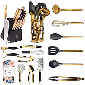Black and Gold Knife Set with Block, Gold Kitchen Utensils, Gold Utensil Holder, Gold Measuring Cups and Spoons Set, Black and Gold Kitchen Gadget and Tools Set - Black & Gold Kitchen Accessories…