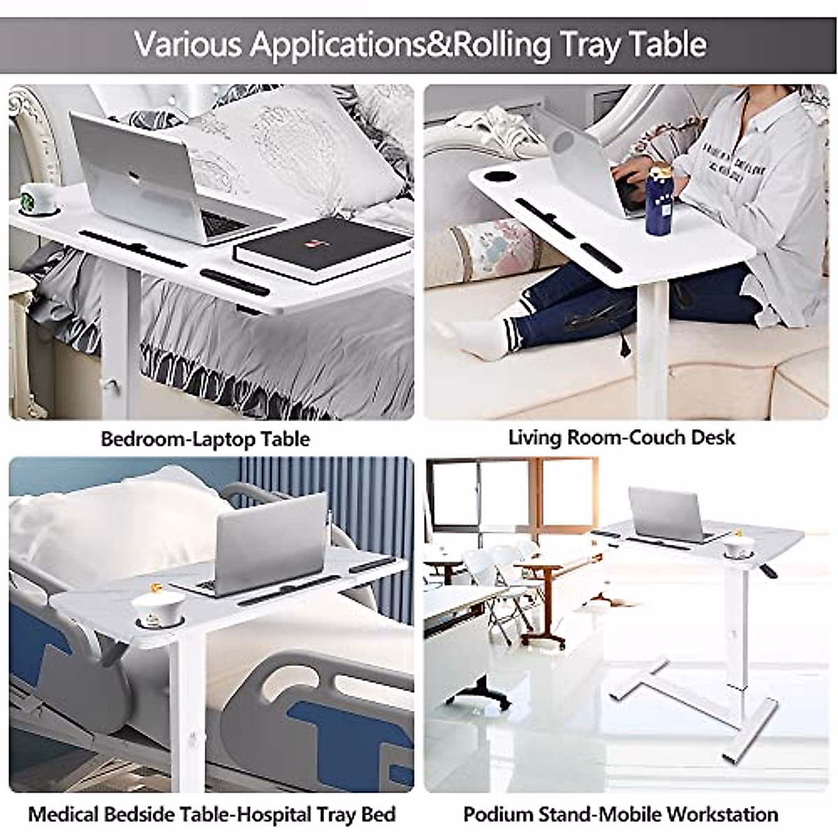 BeGyoku Overbed Table,Hospital Bed Table,Pneumatic Bed Tables Adjustable Over The Bed with Hidden Wheels&USB Port,Mobile Laptop Table Cart and Rolling Bedside Table with Tray Hospital Home Use-White