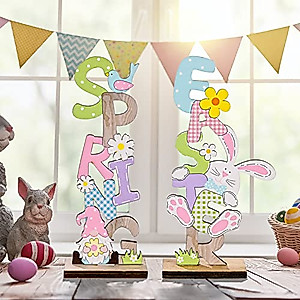 Easter Tabletop Decoration Signs, Easter Table Centerpieces Wooden Bunny Gnomes Decorations Family Signs for Spring Holiday Easter (2PCS)