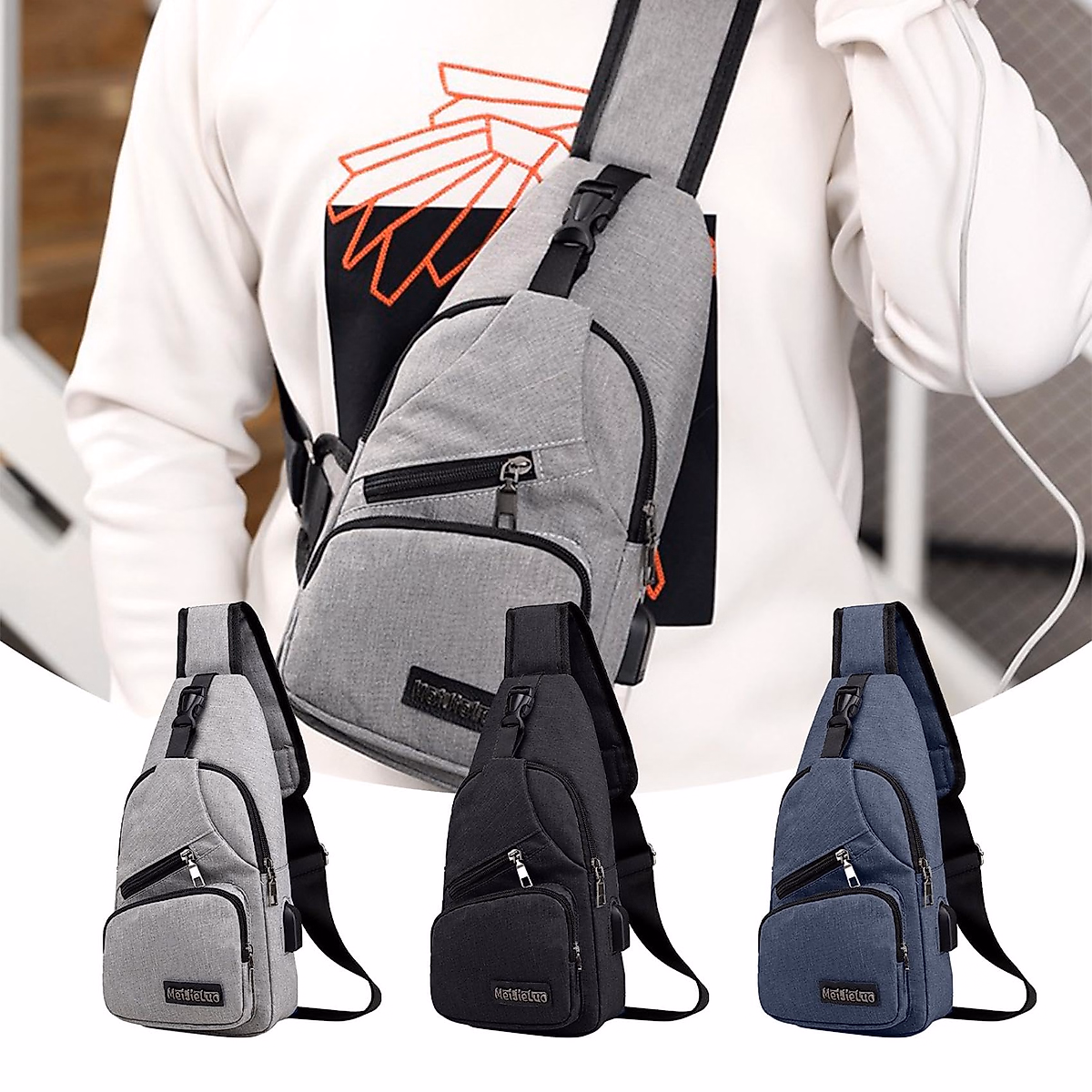 mtvxesu Str𝘢p B𝘢g Crossb𝘰dy Backpack With USB Hole With Headphone Hole Str𝘢p Backpack Hiking Backpack Multipurpose Crossb𝘰dy Ch𝘦st Bag (Gray)