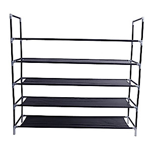 SoSo-BanTian1989 Black 5-Tiers Metal Tube Shoe Rack, 25 Pairs Non-Woven Fabric Shoe Storage Organizer Cabinet Tower Shelf