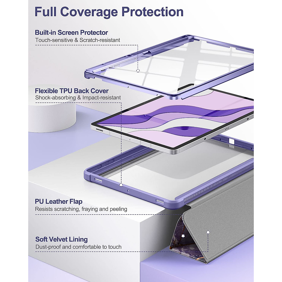 ONPINT Leather Case for Samsung Galaxy Tab S8 Plus/ S7 Plus/ S7 FE 12.4-inch, Built-in Screen Protector Folio Tablet Cover Magnetic Trifold Stand with S-Pen Holder for Women Men Cute, Lavender