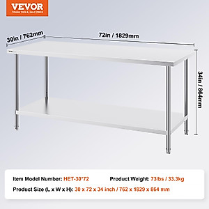 VEVOR Stainless Steel Prep Table, 30 x 72 x 34 Inch, 920 lbs Load Capacity, Heavy Duty Metal Worktable with 3 Adjustable Height Levels, Commercial Workstation for Kitchen Garage Restaurant Backyard