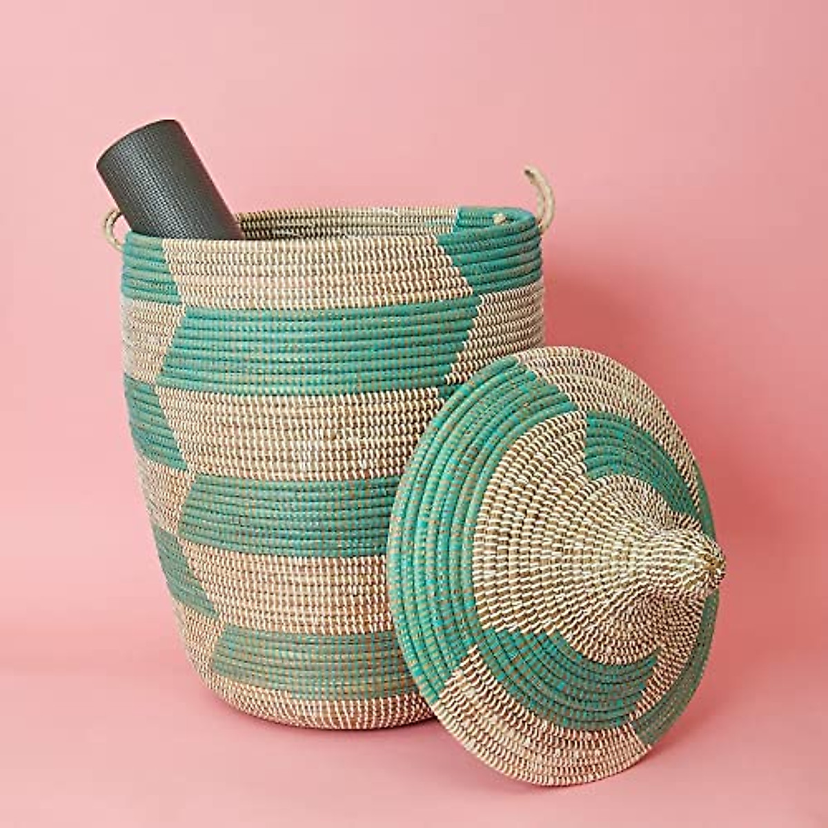 Senegal Jumbo Hand Woven Grass Turquoise Herringbone Basket with Hooded Lid