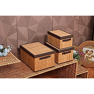 JiaLan Foldable Bamboo storage Organization box with lid, Natural basket for Living room, bedroom, office (Cuboid, Large)