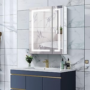 Janboe LED Medicine Cabinet,Bathroom Mirror Cabinet with Lights,24×28inch,Internal Light,USB Shaver Socket,3 Color,Dimmer,Demister,Detachable Side Mirror for Surface Mounted and Recess Mounted