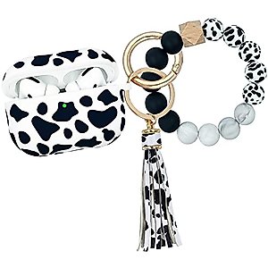 Case for Airpods Pro, KOUJAON Soft Silicone Skin Case Cover with Bracelet Keychain Cute Apple Airpod Pro Cover for Women Girls (Cow)
