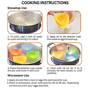 COOLCOOP Silicone Egg Poacher Cups: Egg Poacher with Oil Brush, Nonstick Egg Poaching Cups For Microwave, Baking, Air Fryer or Stovetop Egg Cooking, BPA Free - 4 Pack