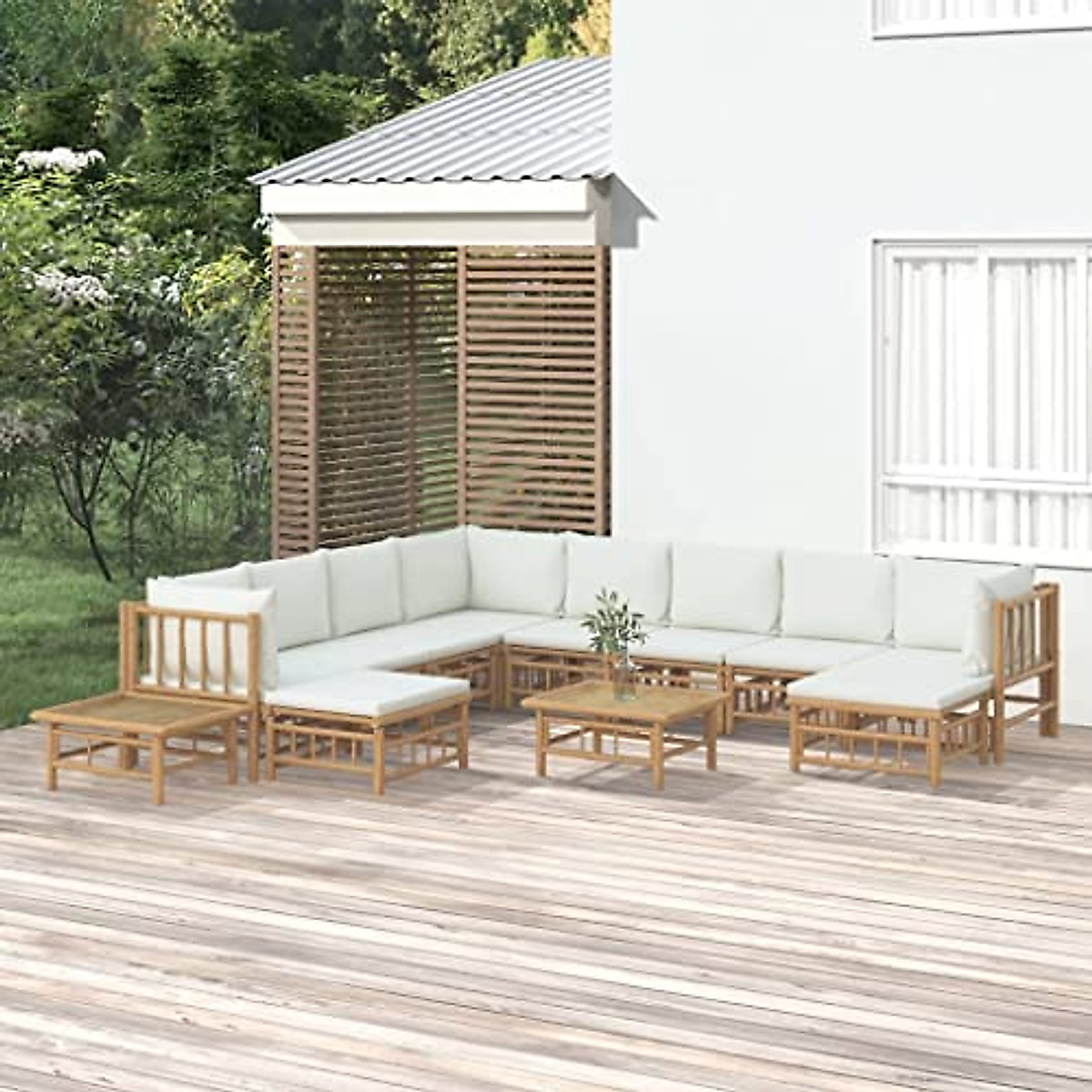 CUMYZO 12 Piece Patio Lounge Set with Cream White Cushions Bamboo 92.3kg/203.06lb